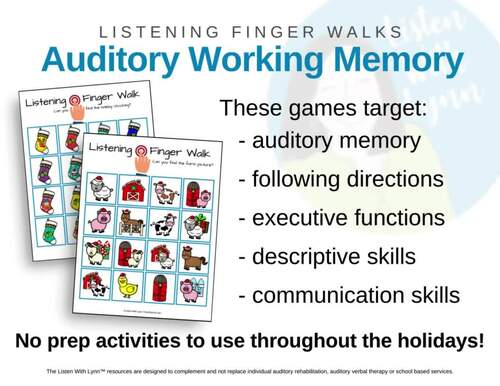 HOLIDAY Working Memory THREE Listening Finger Walks DHH Hearing Loss