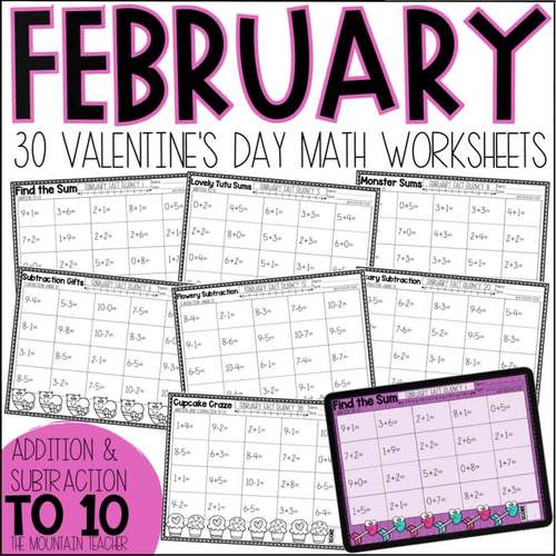 Valentine's Day Addition & Subtraction Within 10 Worksheets | Math Fact ...