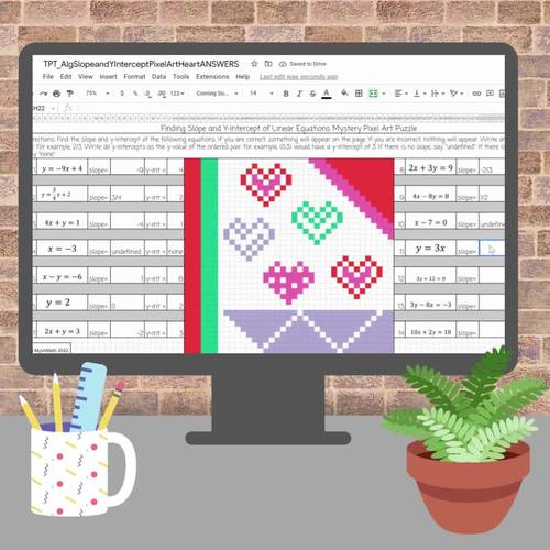 Algebra 1 Slope and Y Intercept Digital Pixel Art Puzzle Valentine's Day