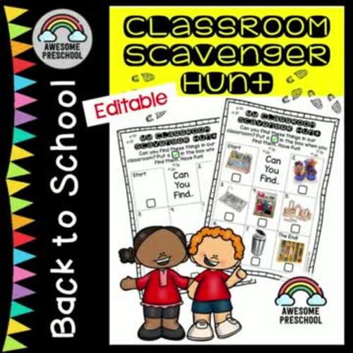 EDITABLE First Day of Preschool or orientation Classroom Scavenger Hunt