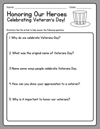 VETERAN'S DAY Reading Comprehension | Veterans Day Reading, Coloring ...