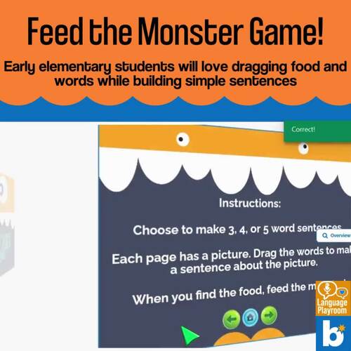 Building Sentences Feed the Monster Game BOOM CARDS Task Card Speech ...