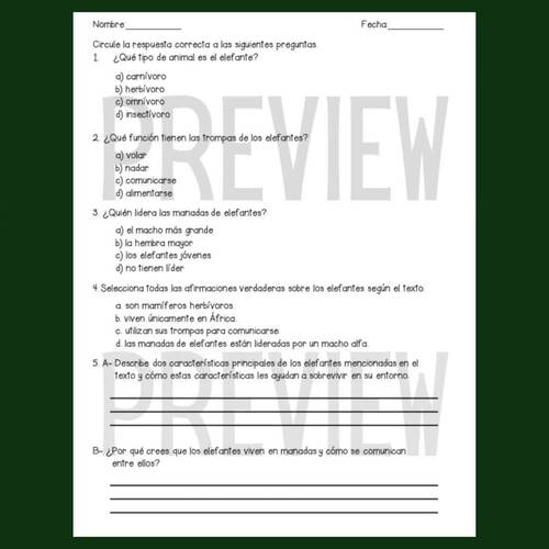 Spanish Reading Comprehension- Texto Informativo- Elefantes gigantes de ...