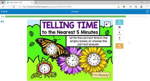 Telling Time to the 5 Minutes Spring and Summer BOOM Cards™ Reading a Clock