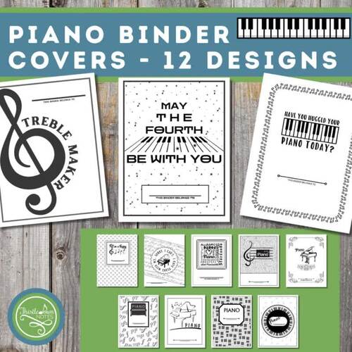 Piano Music Student Binder Covers ~ 12 Unique Classy Designs B&W