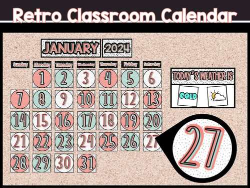 Retro Classroom Calendar, Printable Morning Bulletin Board, Classroom Decor
