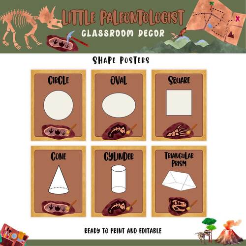 Shape Posters 2D and 3D | Dinosaur Paleontologist | Editable Math Decor