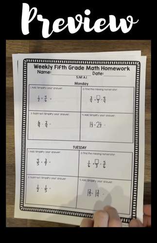 5th Grade Weekly Math Homework Fractions by Teaching at the Oaks