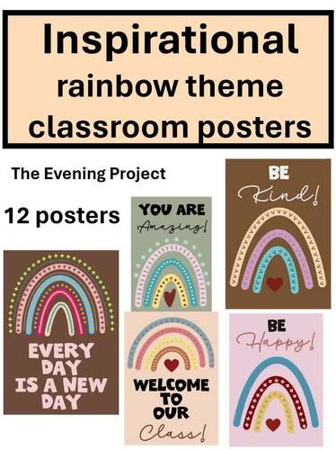 Inspirational rainbow theme classroom posters/ 12 posters/ boho colors