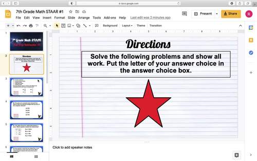 7th Grade Math STAAR Interactive Practice #1 (Digital- Google Slides)