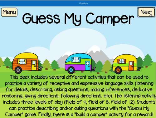 Guess my Camper Boom Cards™ Speech Therapy Listening Activity Guessing Game
