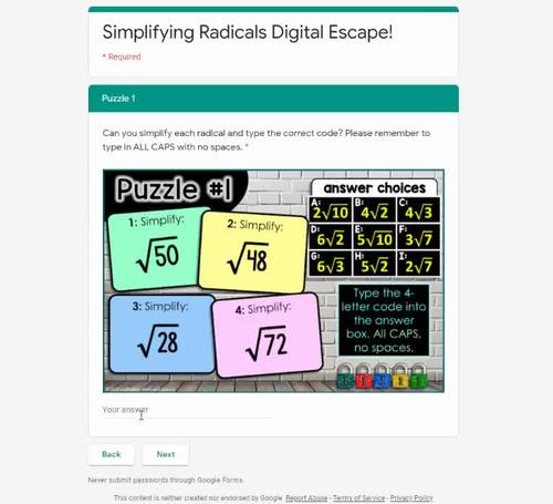 Simplifying Radicals Digital Math Escape Room Activity | TPT