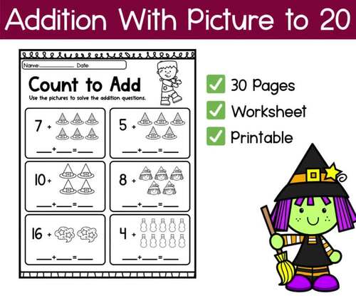 Halloween Addition With Picture To 20 Worksheet | Addition sums up to 20