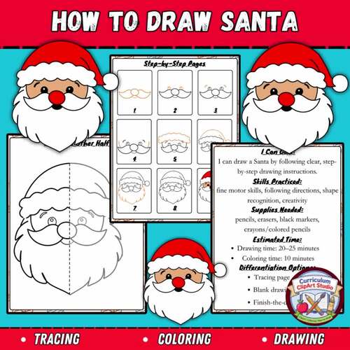 How To Draw Santa | Winter Art Worksheets | Step-by-Step Drawing ...