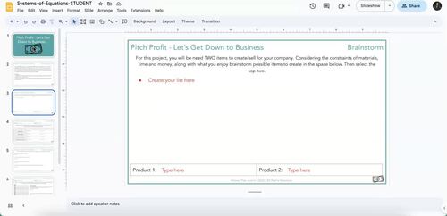 Systems of Equations Project - Student Run Business Finance Project