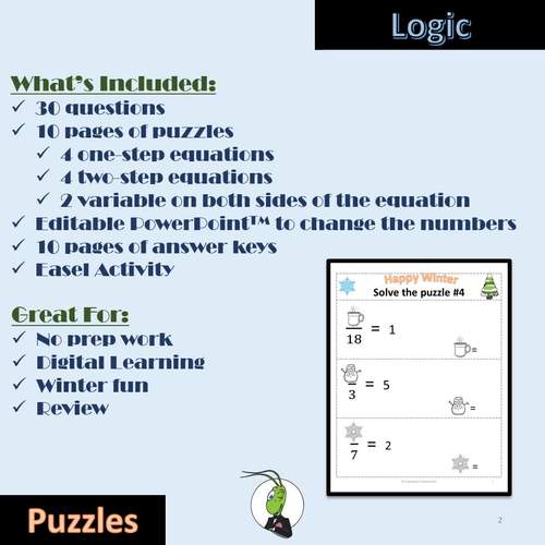 Winter Themed Solving Equations | Number Sense Logic Puzzles | Algebra 1