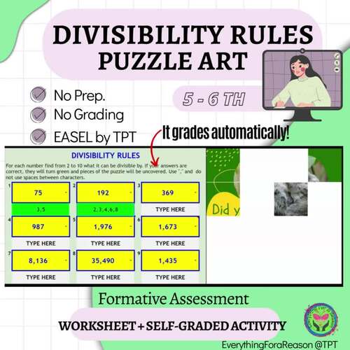 Divisibility Rules Self-Grading Activity Puzzle Art + worksheet PDF + EASEL