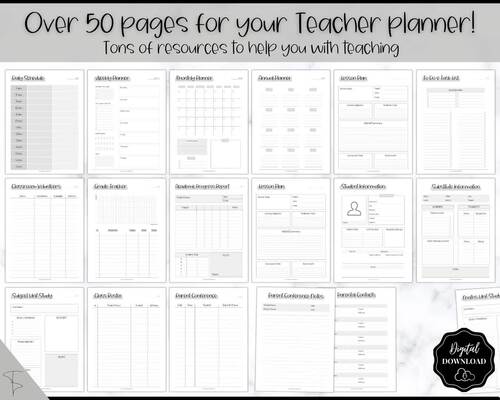 TEACHER Planner Printable - 50+pg BUNDLE | Academic Lesson Planner | Mono