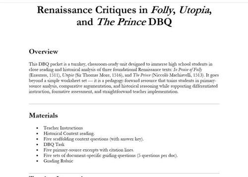 In Praise of Folly, Utopia, and The Prince DBQ by PBL History & Civics