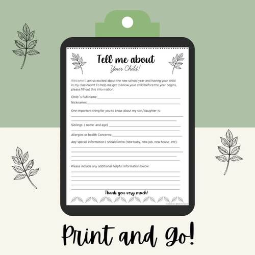 Tell me about your Child! Questionnaire/Parent Form Tropical Leaves Theme