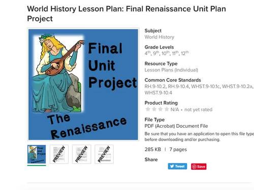 World History Lesson Plan: Final Renaissance Unit Plan Project | TPT