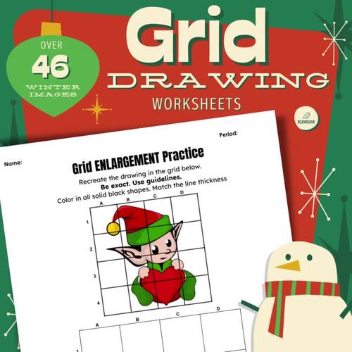 Winter Holidays Grid Drawing - Worksheets - Art - No Prep - Sub Friendly