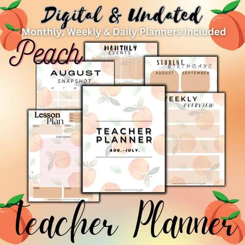 Peach Teacher Planner, Undated, Digital, Monthly, Weekly, Daily Calendars