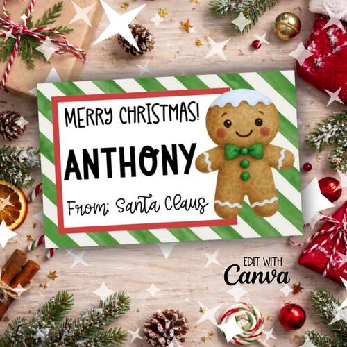 Gingerbread Christmas Name Tags for Classroom Treats, Student Holiday Party