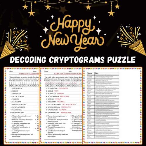 New Year's Decoding Cryptograms Puzzle Vocabulary Worksheet Activity