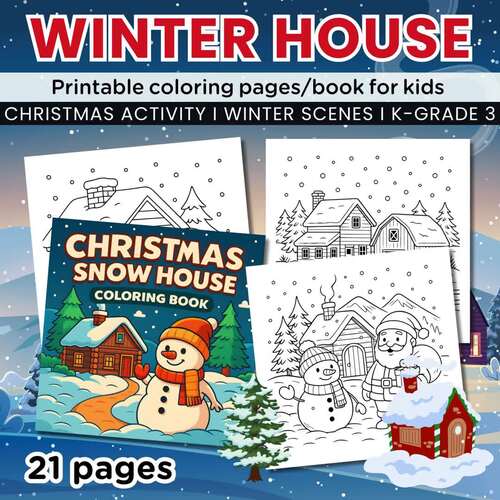 Christmas Winter House Scene Coloring Pages/Book, Holiday Snowy Homes ...