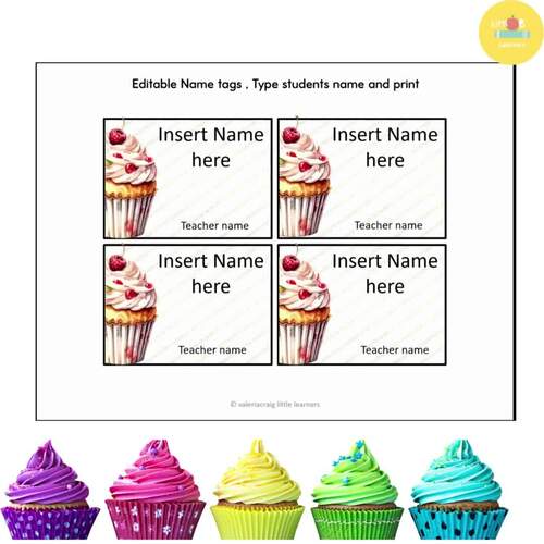 Editable name tags cupcake themed by Valeria craig little learners