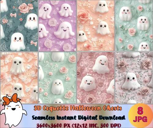 Coquette Halloween Ghosts Seamless Pattern file, Cute trendy 3D repeat ...