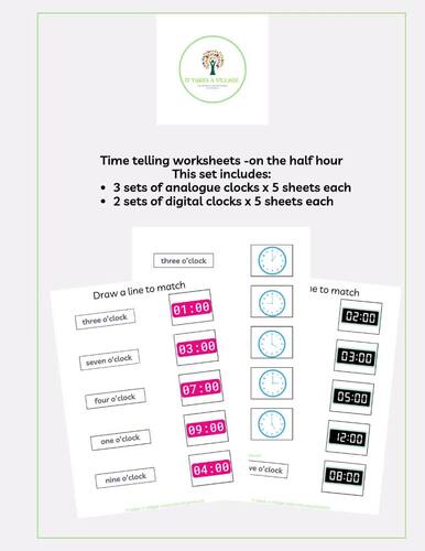 Time telling worksheets-to the HALF hour -digital and analogue clocks