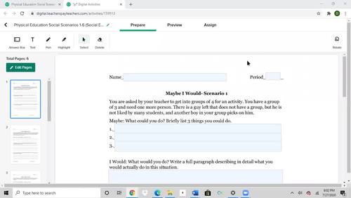 Physical Education Social Scenarios 1-6: Social Emotional and Distance ...