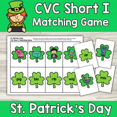 St. Patrick's Day CVC Short I Matching Game Kinder 1st 2nd Grade ...