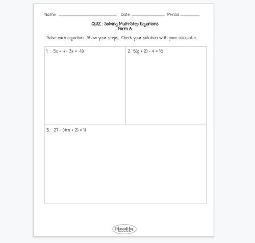 Algebra - Solving Equations Quiz Bundle (1-Step, 2-Step, Multi-Step)