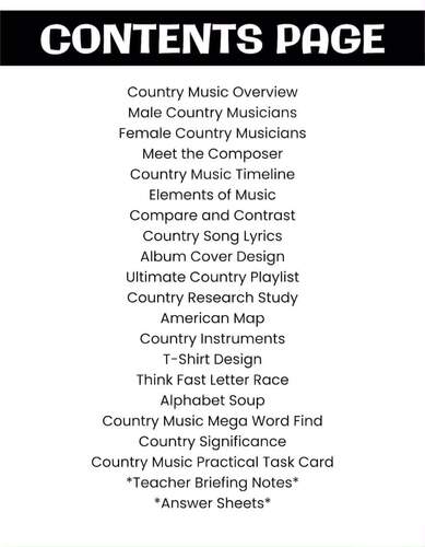 Music Genre COUNTRY Unit Workbook - Printable worksheet handout, Music ...