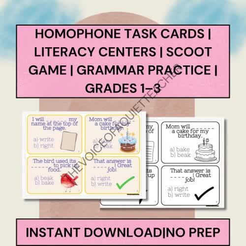 Homophone Task Cards | Literacy Centers | SCOOT Game | Grades 1-3