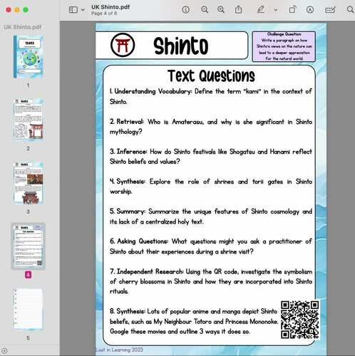 Shinto || World Religions || Guided Reading Comprehension || Text & Qs