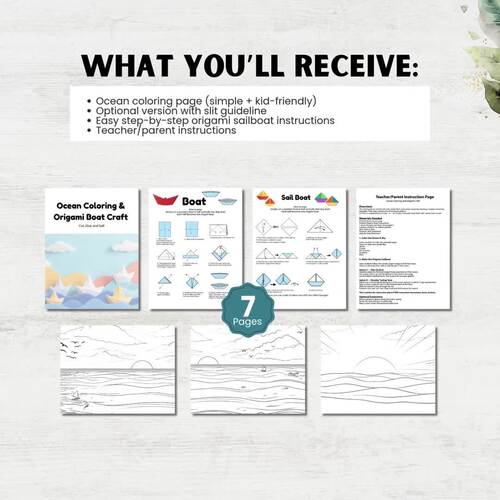 Ocean Coloring Page + Origami Sailboat Craft, Kids Printable, Homeschool