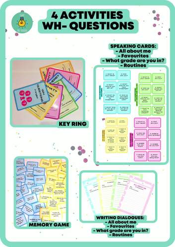 WH- QUESTIONS PACK: Key ring, speaking cards, writing dialogues, memory ...