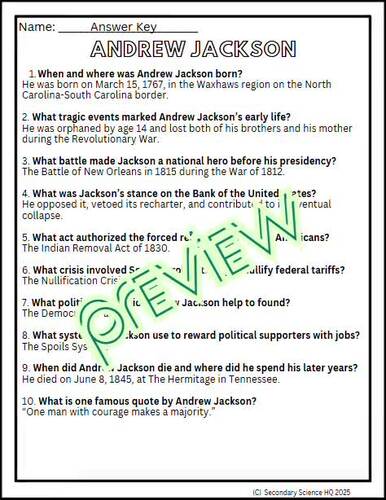Andrew Jackson Study Guide with Worksheet, PDF Coloring and Review Question