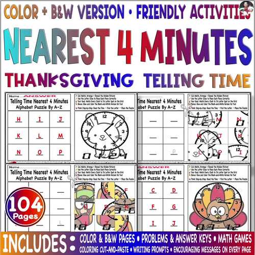 Telling Time Thanksgiving : Cut, Paste, Color Clock with A–Z, Nearest 4 ...