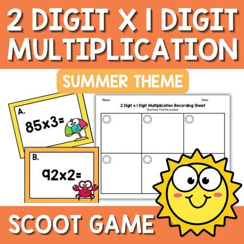 Summer 2 Digit by 1 Digit Multiplication Scoot Game Task Cards Math Center