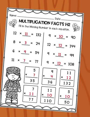Veteran’s Day Multiplication Facts 1–12 | Find the Missing Number ...