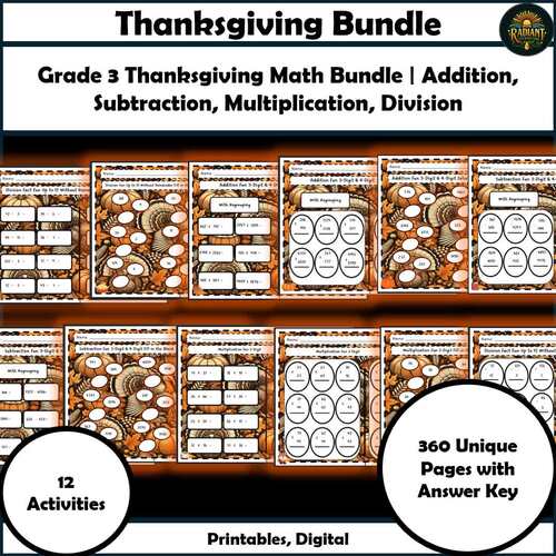 Grade 3 Thanksgiving Math Bundle Addition Subtraction Multiplication ...