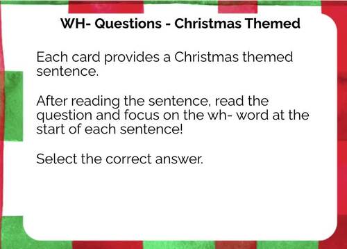 Wh - Questions Reading Comprehension Task Cards | Christmas Themed
