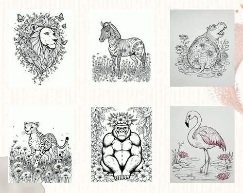 Floral Safari Animals Coloring Page by Colorful Creations Hub | TPT