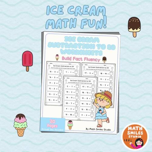Ice Cream Subtraction to 20 | Summer Math Worksheets | 1st - 2nd Grade