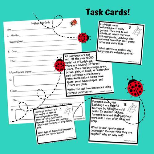 Ladybugs: ELA & Nonfiction Reading Comprehension Task Cards and Printables
